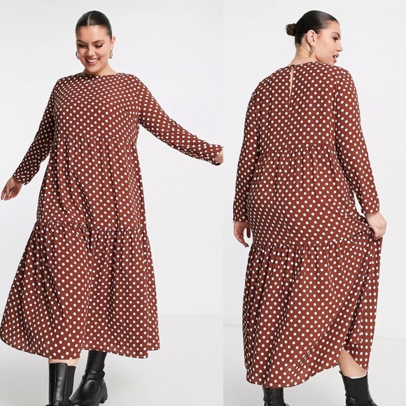 ASOS Curve | Dresses | Asos Design Curve Long Sleeve Tiered Smock Midi Dress In Brown Spot ...